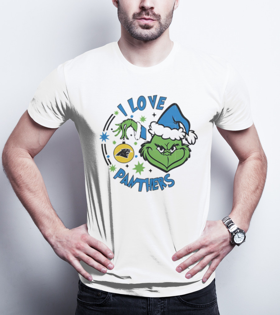 Carolina Panthers X Santa Grinch I Love Panthers Christmas Ornament Green Grinch Blue Santa Hat T-Shirt