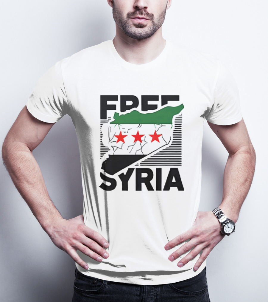 Free Syria Map With Flag Stripes And Red Stars T-Shirt