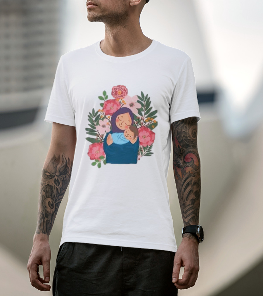 Mom And New Baby Boy Mother's Day Paint Floral Embrace T-Shirt