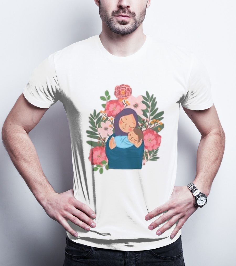 Mom And New Baby Boy Mother's Day Paint Floral Embrace T-Shirt