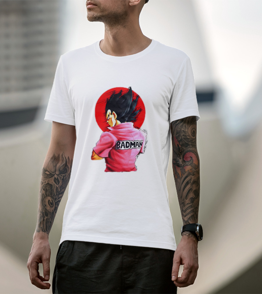Vegeta Badman Pink Shirt Dragon Ball Style Red Circle Background T-Shirt
