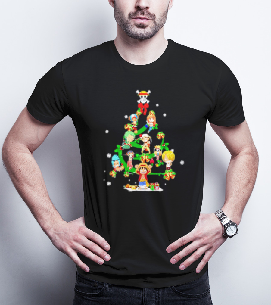 One Piece Chibi Characters Decorate Christmas Tree With Straw Hat Skull Topper T-Shirt