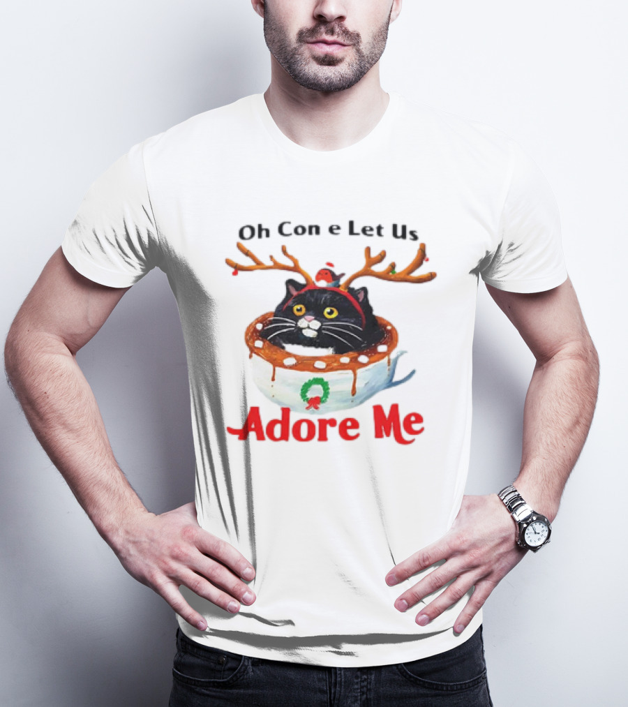 Oh Come Let Us Adore Me Cat In Reindeer Antlers T-Shirt