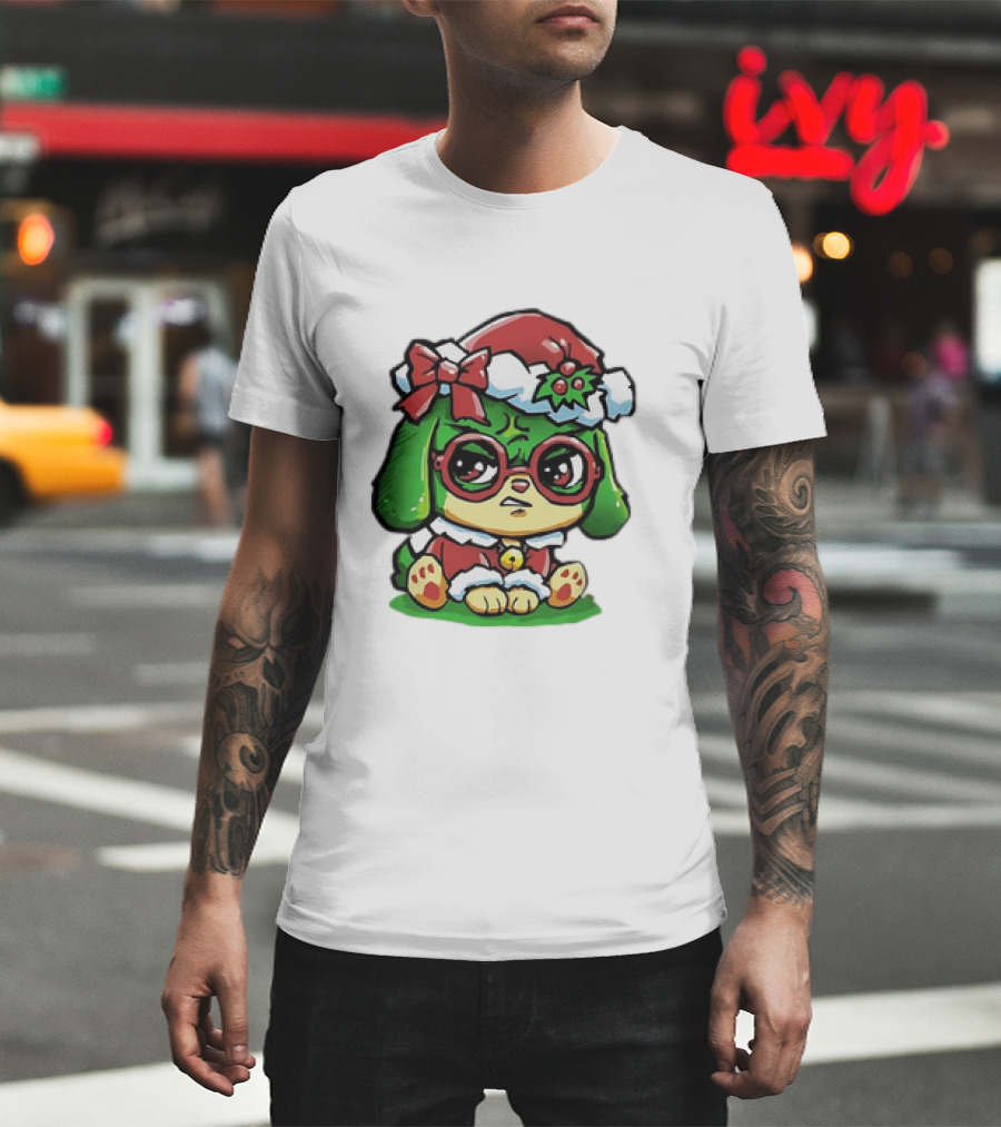 Grumpy Dog In Santa Hat With Holly And Bow For Christmas Holiday T-Shirt