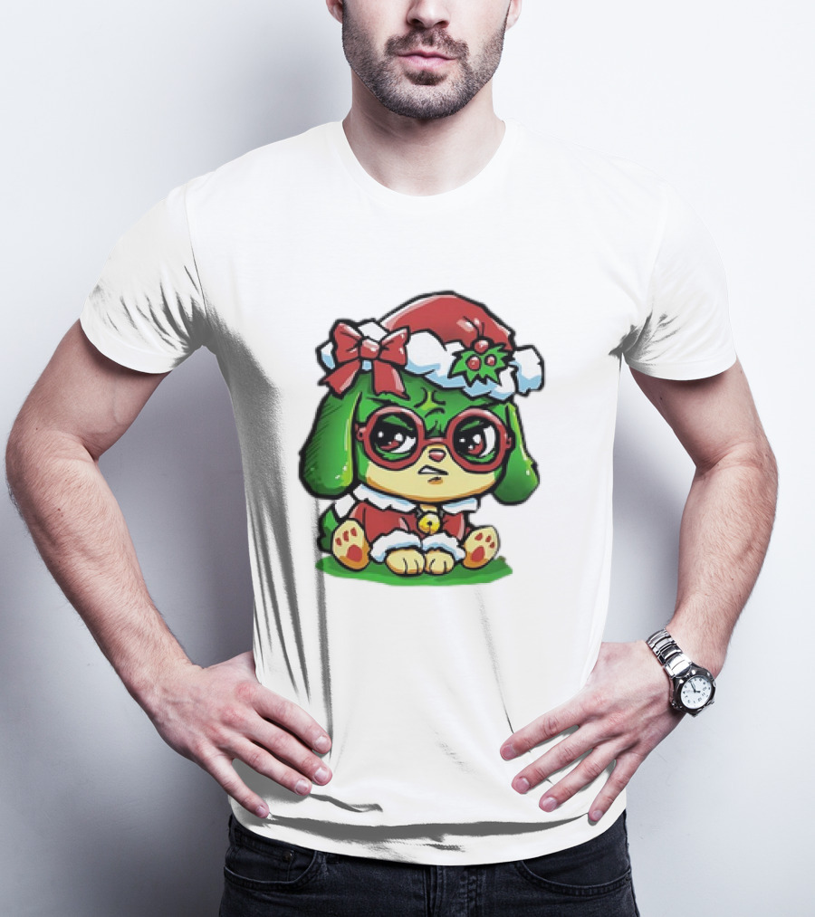 Grumpy Dog In Santa Hat With Holly And Bow For Christmas Holiday T-Shirt