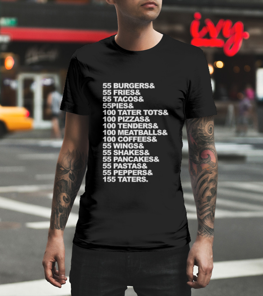 55 Burgers 55 Fries 55 Tacos 55 Pies 100 Tater Tots 100 Pizzas 100 Tenders 100 Meatballs 100 Coffees 55 Wings 55 Shakes 55 Pancakes 55 Pastas 55 Peppers 155 Taters T-Shirt