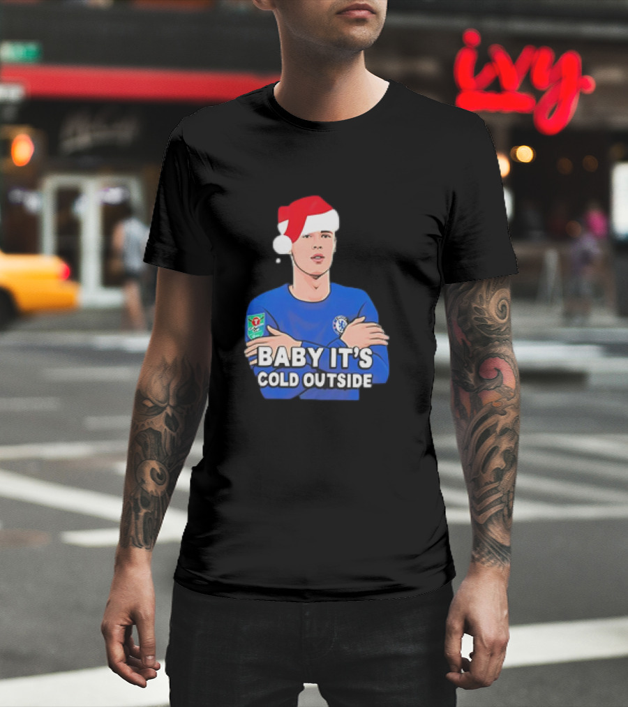Baby It's Cold Outside Santa Hat Footballer In Blue T-Shirt