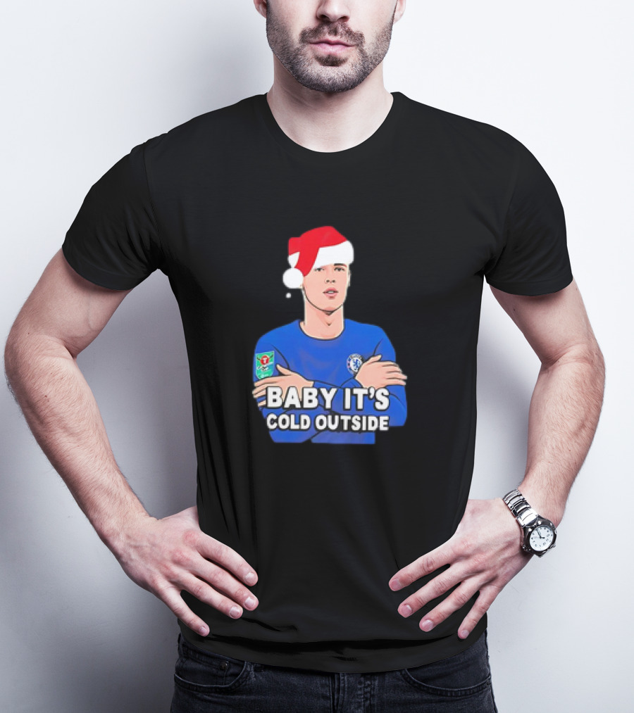 Baby It's Cold Outside Santa Hat Footballer In Blue T-Shirt