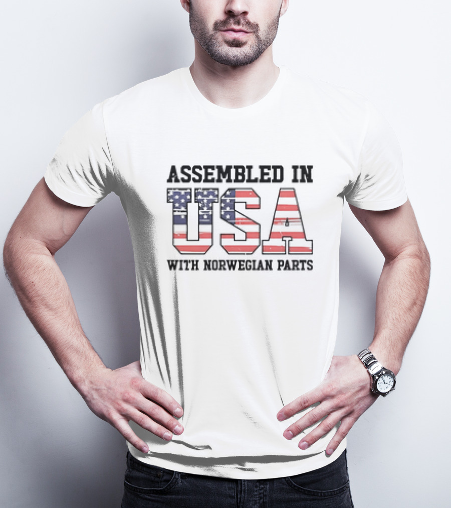 Assembled In USA Patriotic American Flag Design With Norwegian Parts T-Shirt