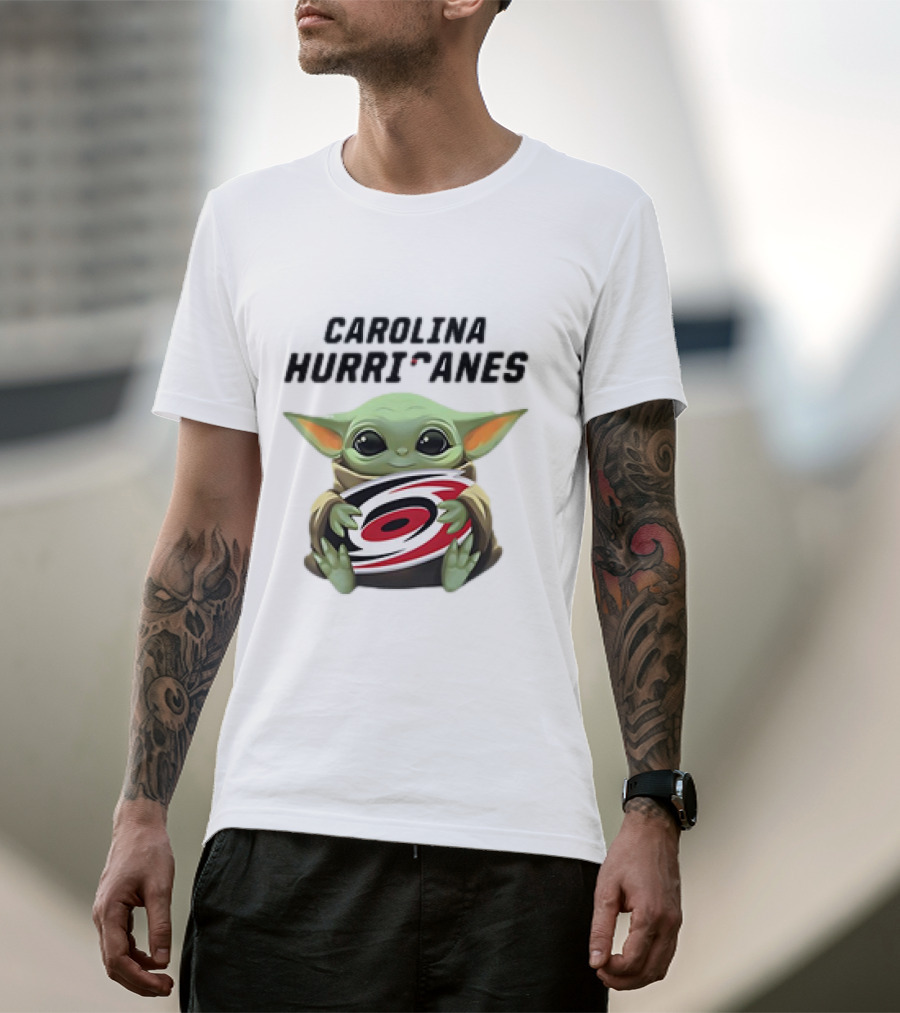 Baby Yoda Hugging Carolina Hurricanes Star Wars Crossover T-Shirt