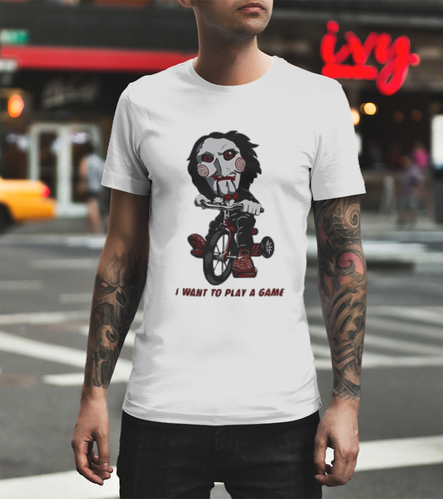 Saw Jigsaw I Want To Play A Game Tricycle Puppet Image T-Shirt