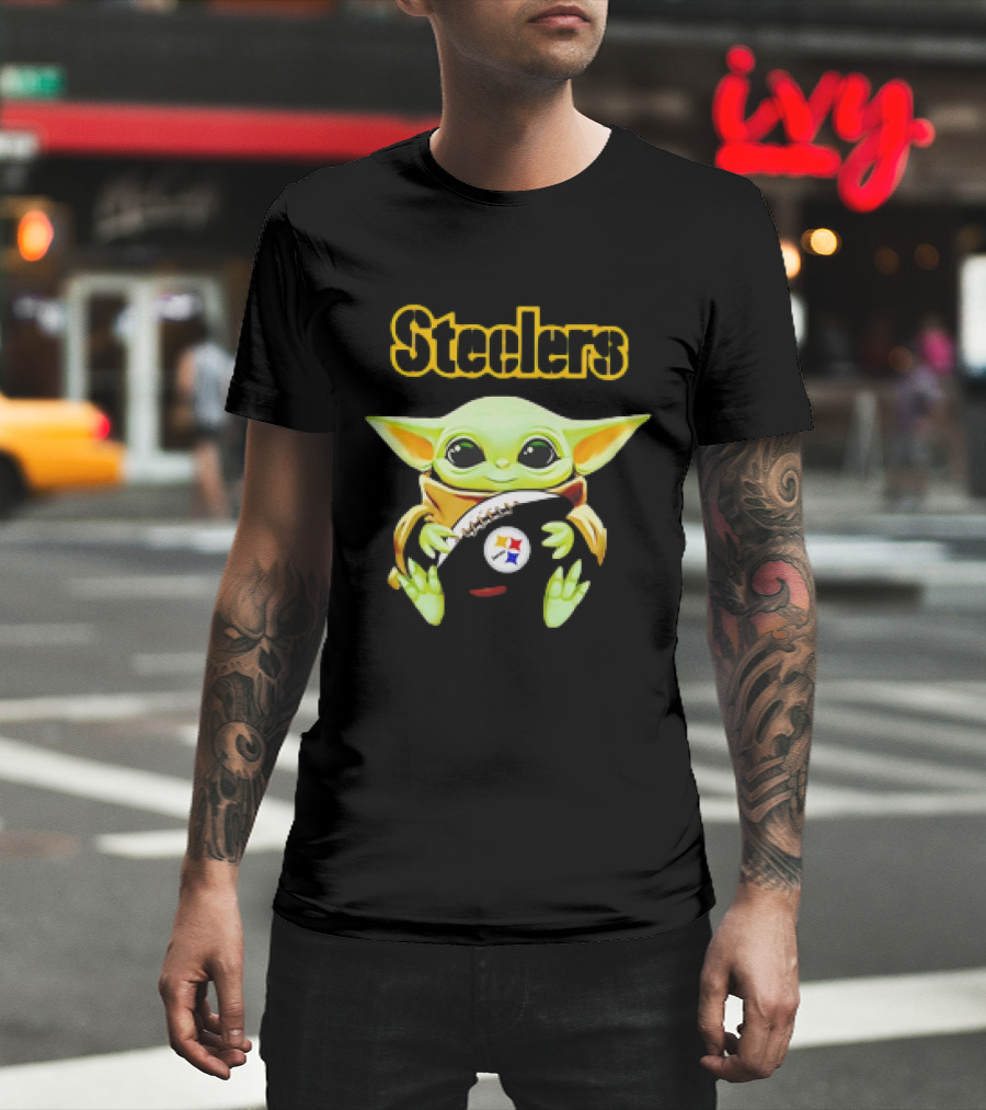 Baby Yoda Hugging Pittsburgh Steelers Football T-Shirt