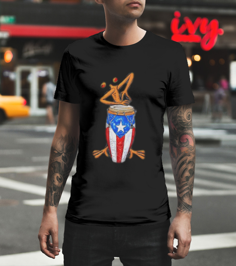 Boricua Puerto Rican Coqui Playing Drum Taino Flag T-Shirt