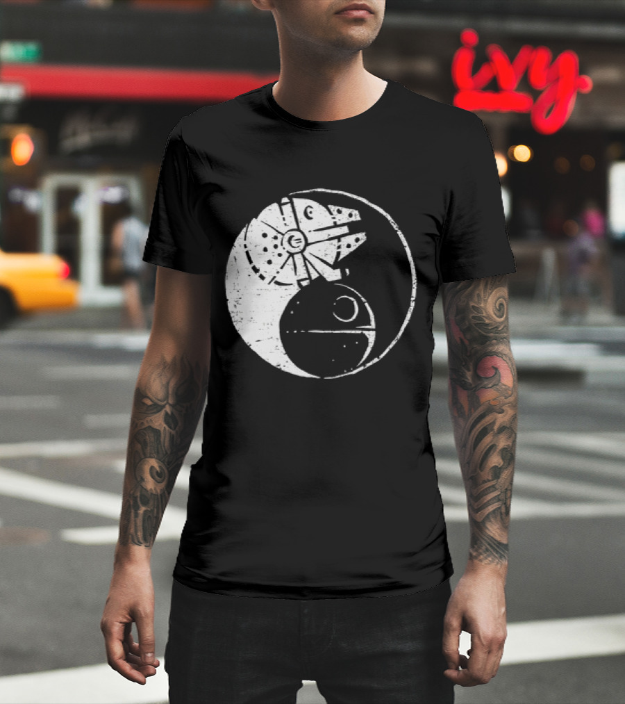 Millennium Falcon And Death Star Yin Yang Balancing The Force T-Shirt