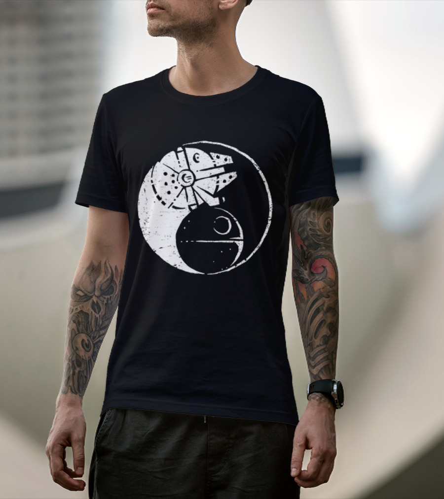 Millennium Falcon And Death Star Yin Yang Balancing The Force T-Shirt