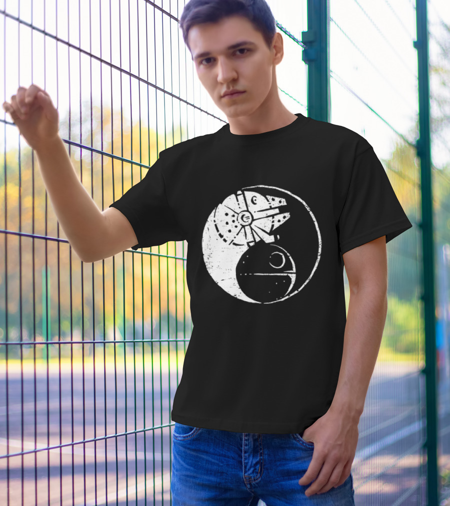 Millennium Falcon And Death Star Yin Yang Balancing The Force T-Shirt