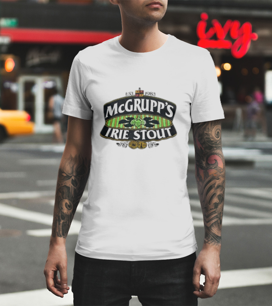 McGrupp's Irie Stout Est 1983 Logo With Green Striped Background And Emblem T-Shirt