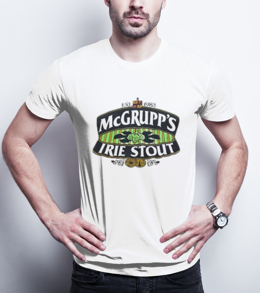 McGrupp's Irie Stout Est 1983 Logo With Green Striped Background And Emblem T-Shirt