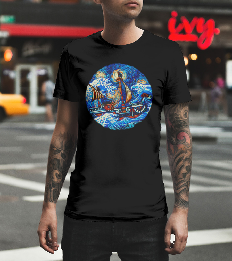 Going Merry One Piece Pirate Ship Van Gogh Wave T-Shirt