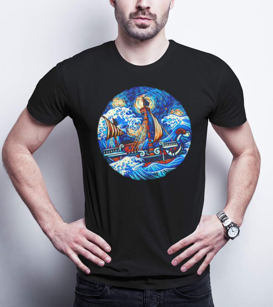 Going Merry One Piece Pirate Ship Van Gogh Wave T-Shirt