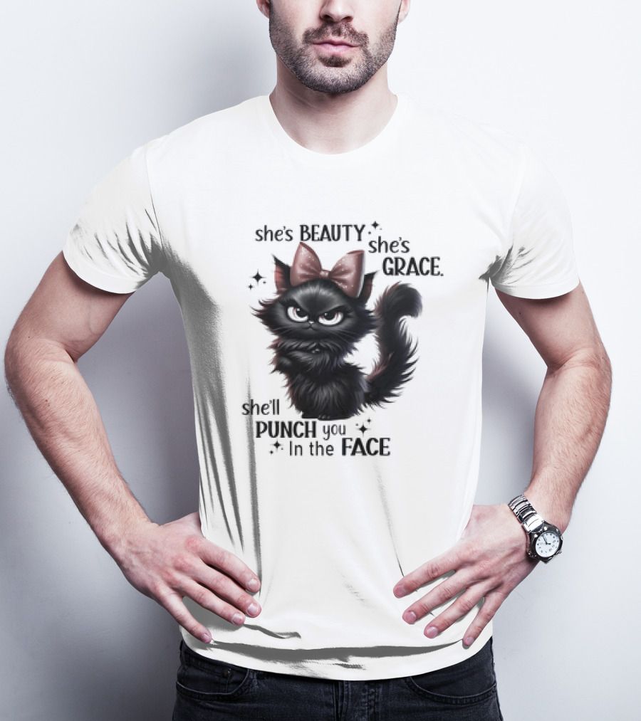 She's Beauty She's Grace She'll Punch You In The Face Black Cat With Bow And Sparkles T-Shirt