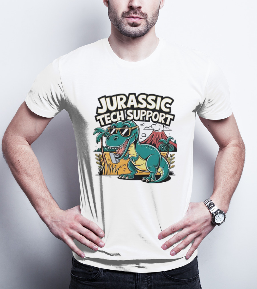 Jurassic Tech Support Dinosaur With Sunglasses And Volcano T-Shirt