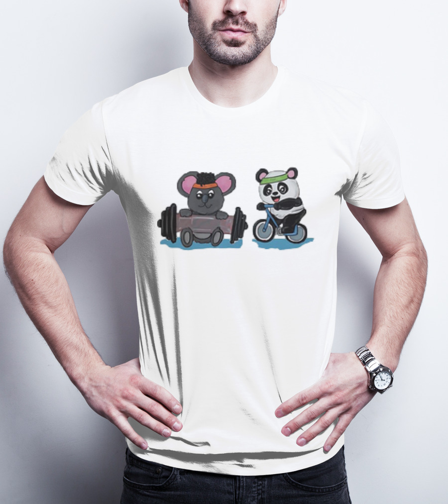 Koala Lifting Weights And Panda Riding Bicycle Together T-Shirt