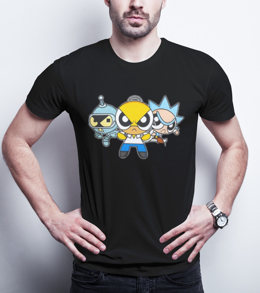Bender Homer Rick Powerpuff Girls Drunkenpuff Guys Crossover T-Shirt
