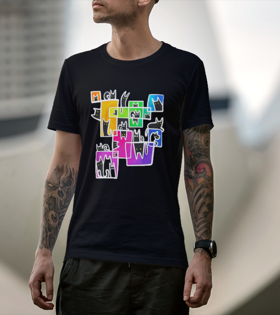 Cats Kitty Warp Rainbow Tetris Blocks T-Shirt