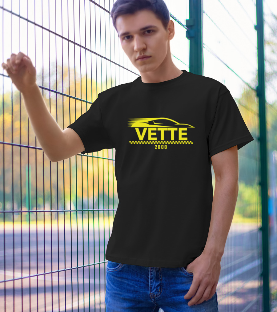 Vette 2000 Sports Car Yellow Silhouette And Checkered Stripe T-Shirt