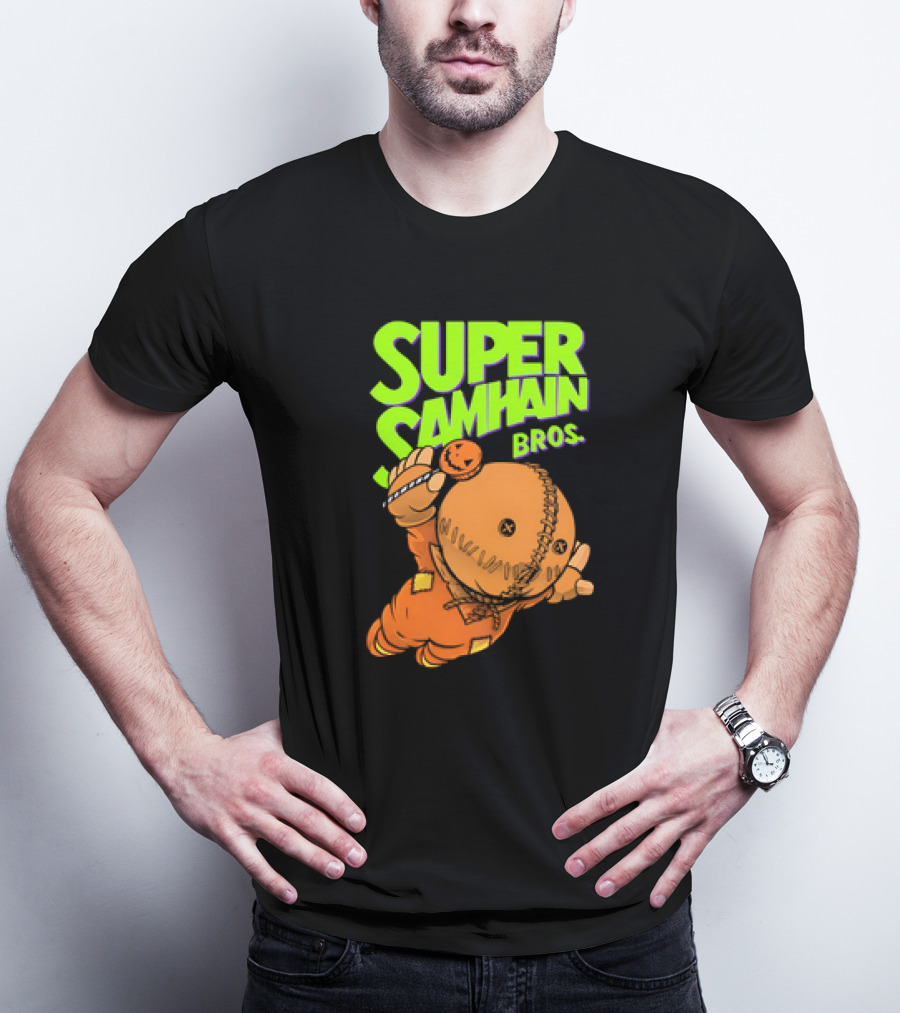 Super Samhain Bros Trick ‘r Treat Sam Icon In Pumpkin Suit With Green And Orange Highlights T-Shirt