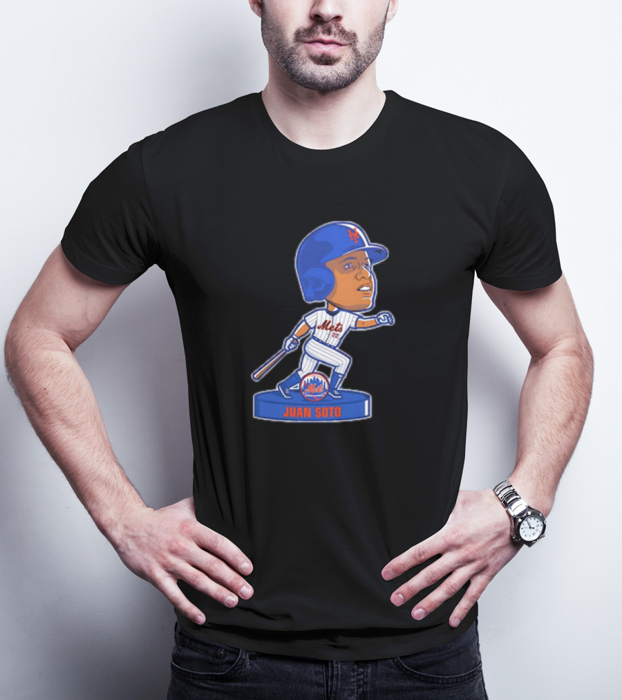 Juan Soto New York Mets Bobblehead Cartoon Mets Logo Baseball T-Shirt
