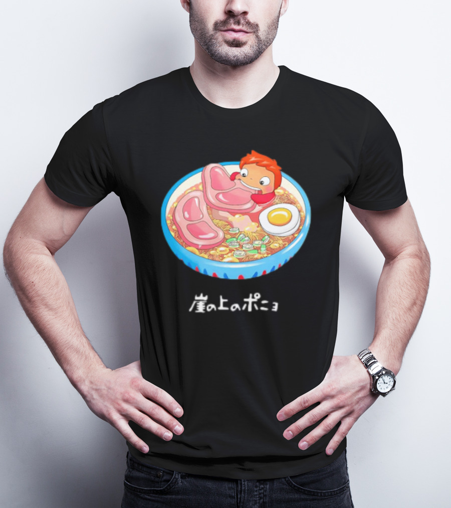 Ponyo Swims In Ramen Bowl With Egg And Noodles Japanese Text T-Shirt