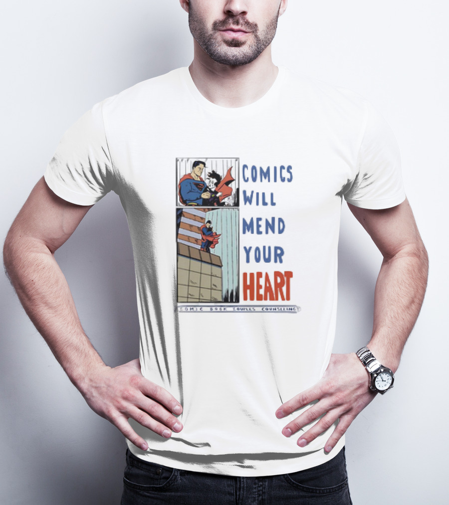 Comics Will Mend Your Heart Comic Book Couples Counseling Iconic Characters Embrace T-Shirt