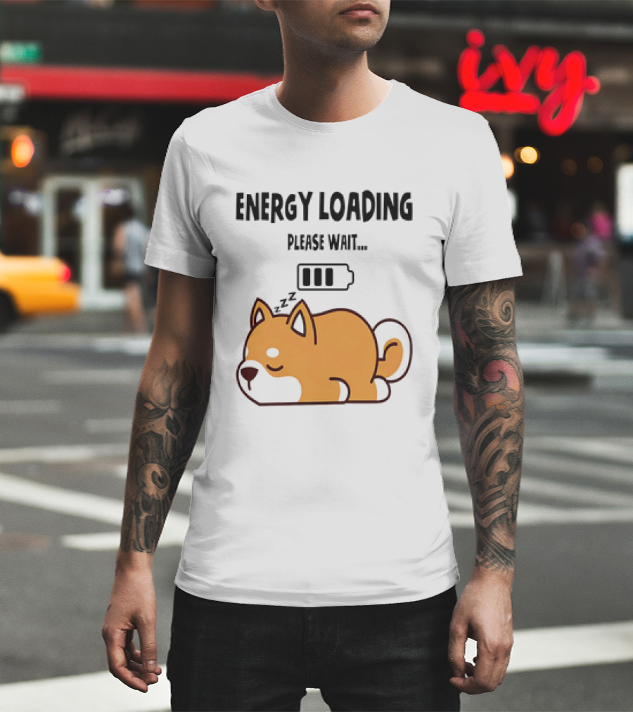Shiba Inu Energy Loading Please Wait Battery Charging Sleepy Dog T-Shirt