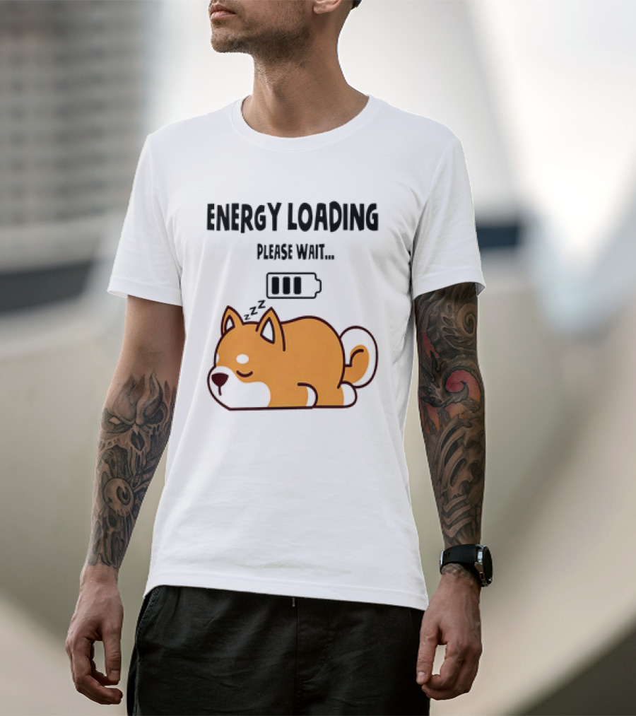 Shiba Inu Energy Loading Please Wait Battery Charging Sleepy Dog T-Shirt