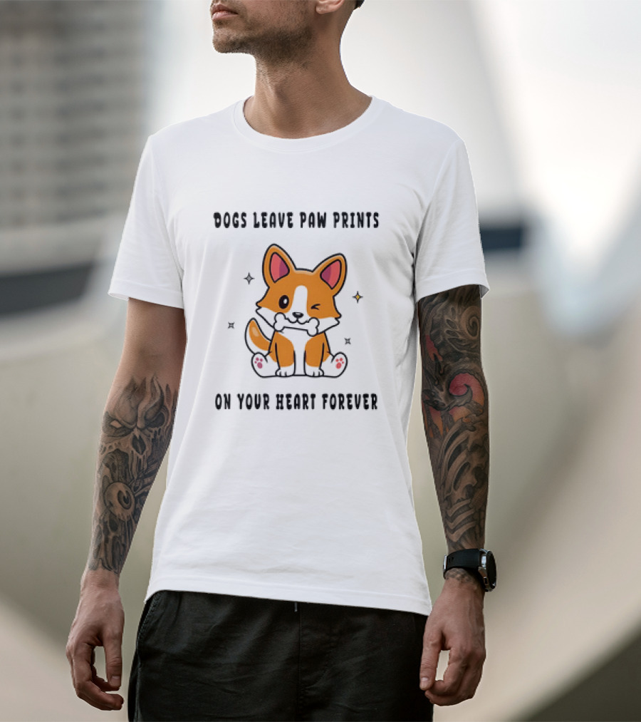 Dogs Leave Paw Prints On Your Heart Forever Shiba Inu Illustration With Bone And Stars T-Shirt