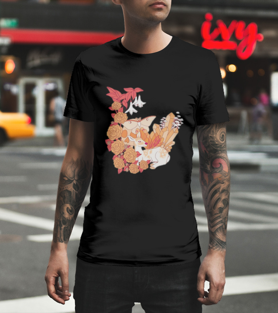 Mystical Forest Fawn Surrounded By Roses And Butterflies T-Shirt