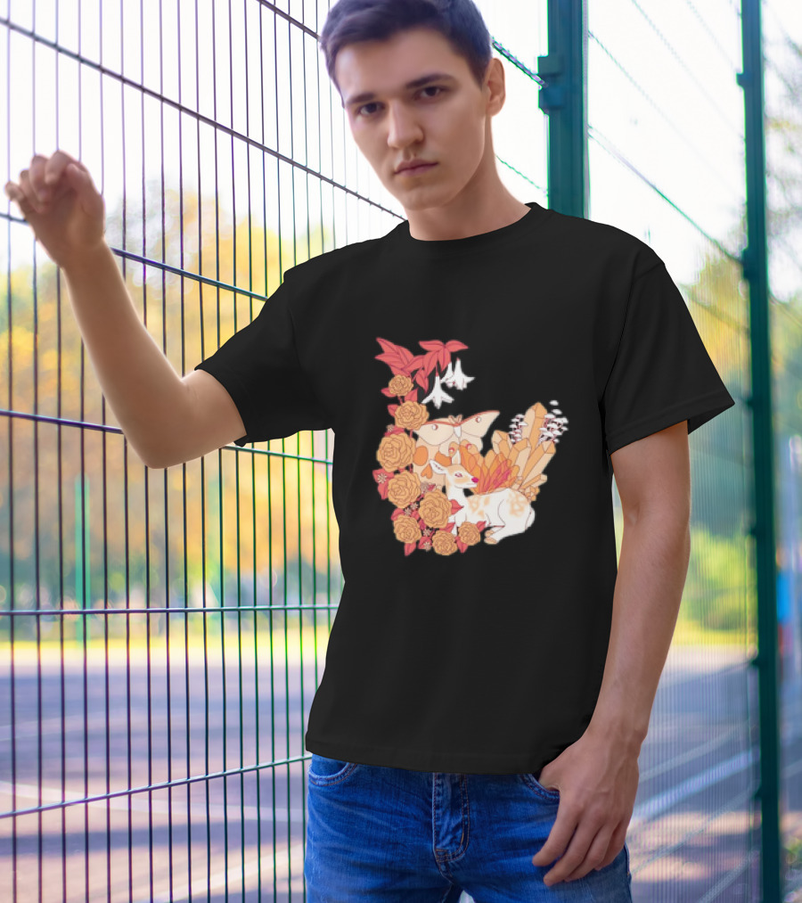 Mystical Forest Fawn Surrounded By Roses And Butterflies T-Shirt