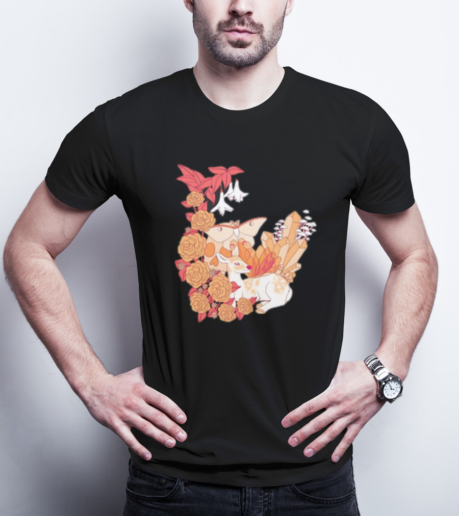 Mystical Forest Fawn Surrounded By Roses And Butterflies T-Shirt