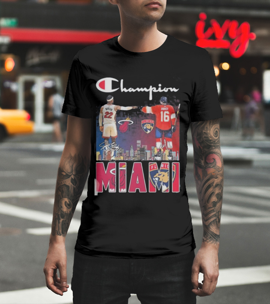 Champion Miami Skyline Signatures 22 Jimmy Butler 16 Aleksander Barkov Sports T-Shirt