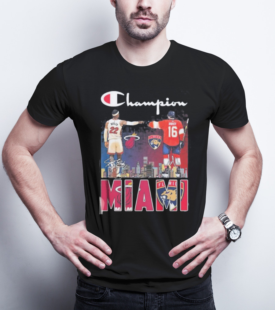 Champion Miami Skyline Signatures 22 Jimmy Butler 16 Aleksander Barkov Sports T-Shirt