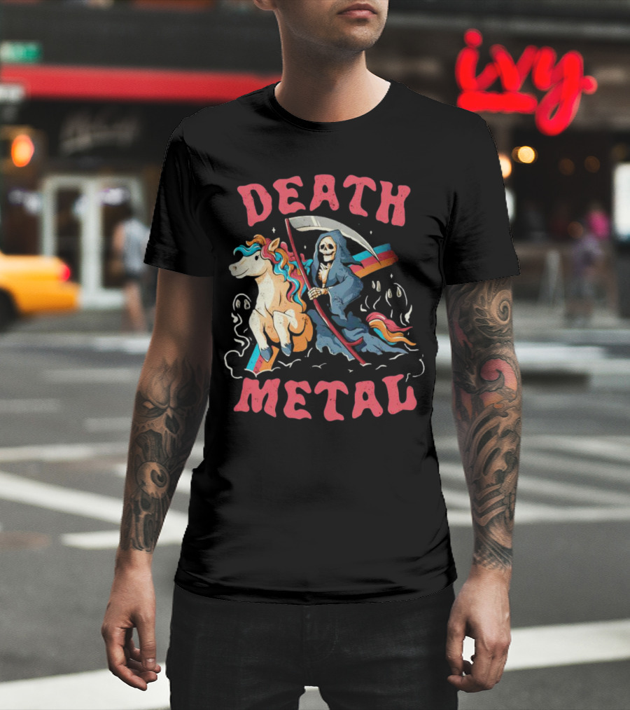 Death Metal Skull Riding Rainbow Unicorn T-Shirt