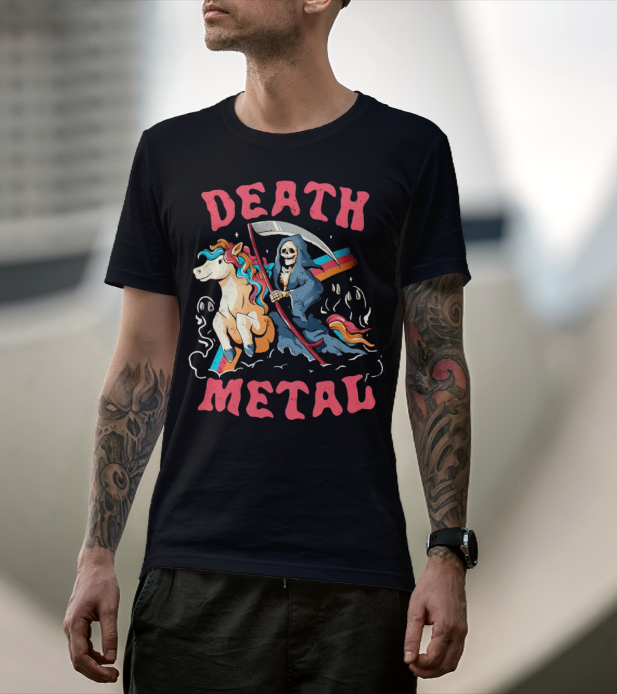 Death Metal Skull Riding Rainbow Unicorn T-Shirt