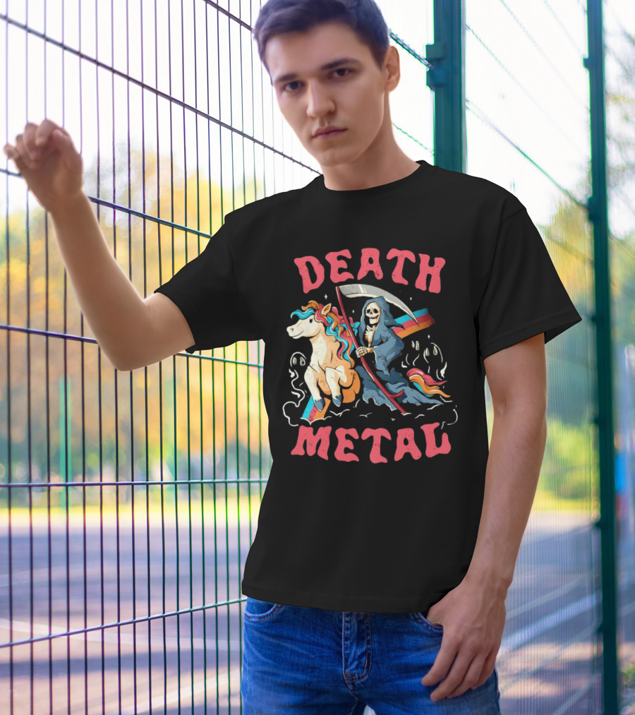 Death Metal Skull Riding Rainbow Unicorn T-Shirt