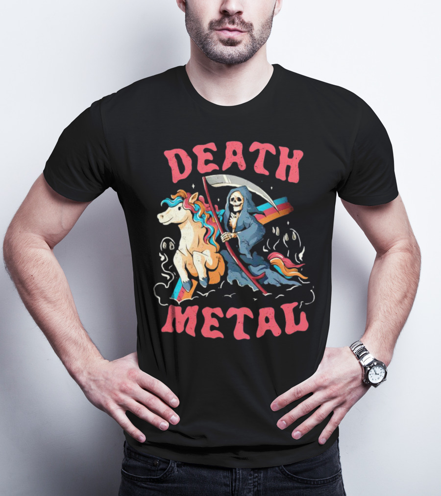 Death Metal Skull Riding Rainbow Unicorn T-Shirt