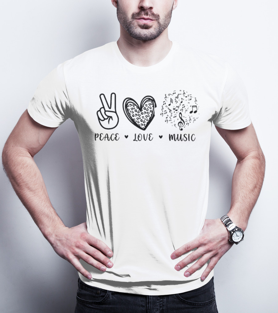Peace Love Music Leopard Heart Musical Notes T-Shirt