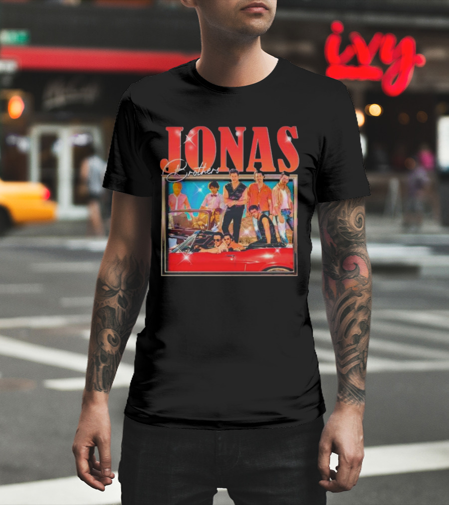 Jonas Brothers Band Retro Group Photo With Red Convertible T-Shirt