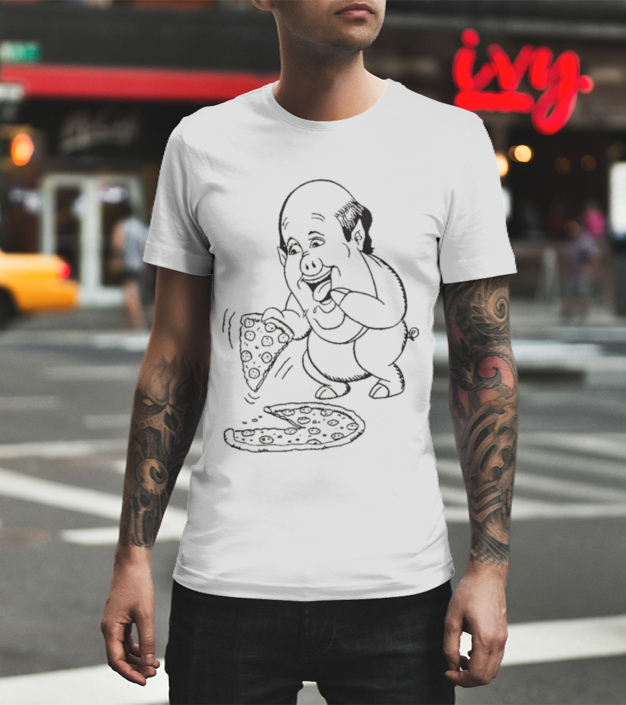 Kevin Malone Pig Eating Pizza Caricature T-Shirt
