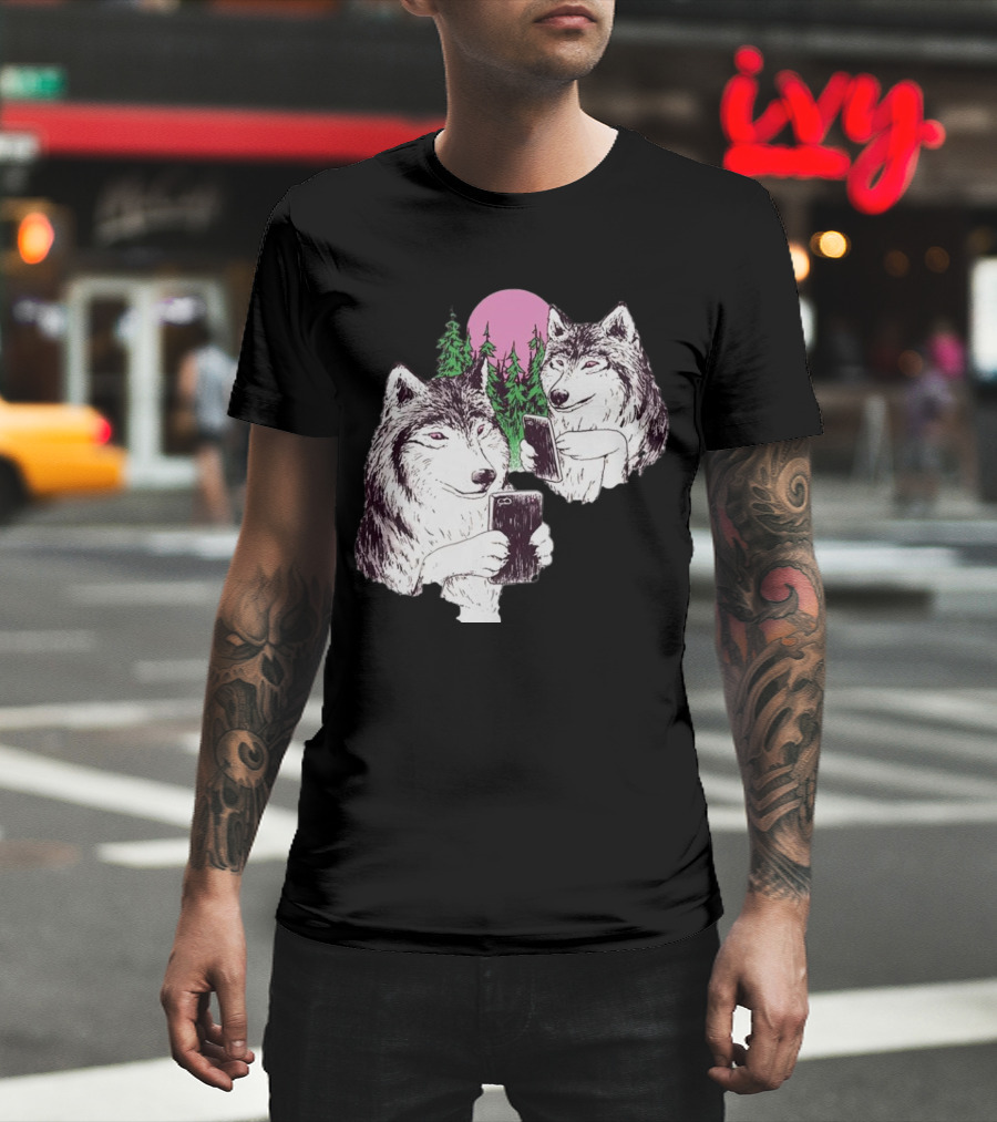 There Are Two Wolves Inside You Both On Smartphones Against A Pink Moon And Pine Trees T-Shirt